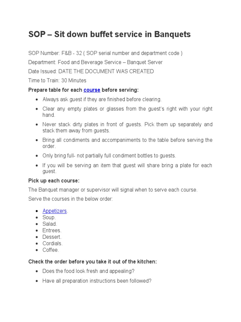 SOP - Sit Down Buffet Service in Banquets: Prepare Table For Each ...