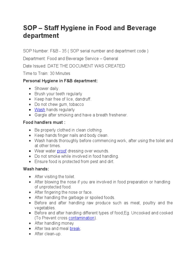 SOP - Staff Hygiene in Food and Beverage Department | PDF