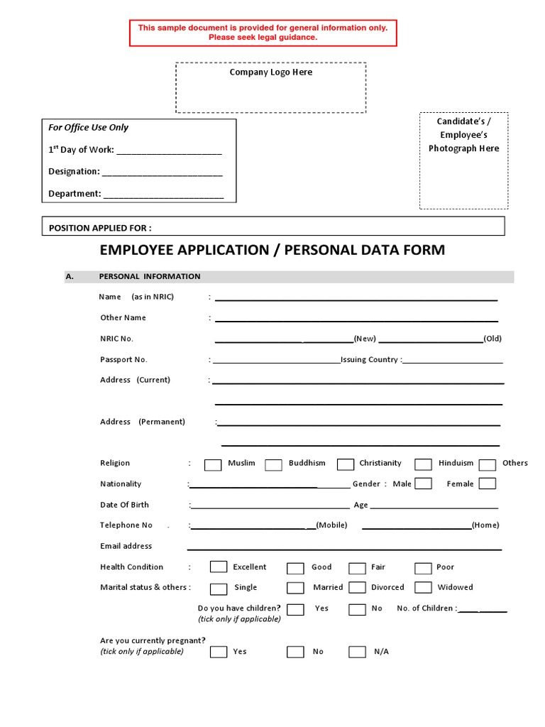 Employee Application / Personal Data Form: For Office Use Only ...