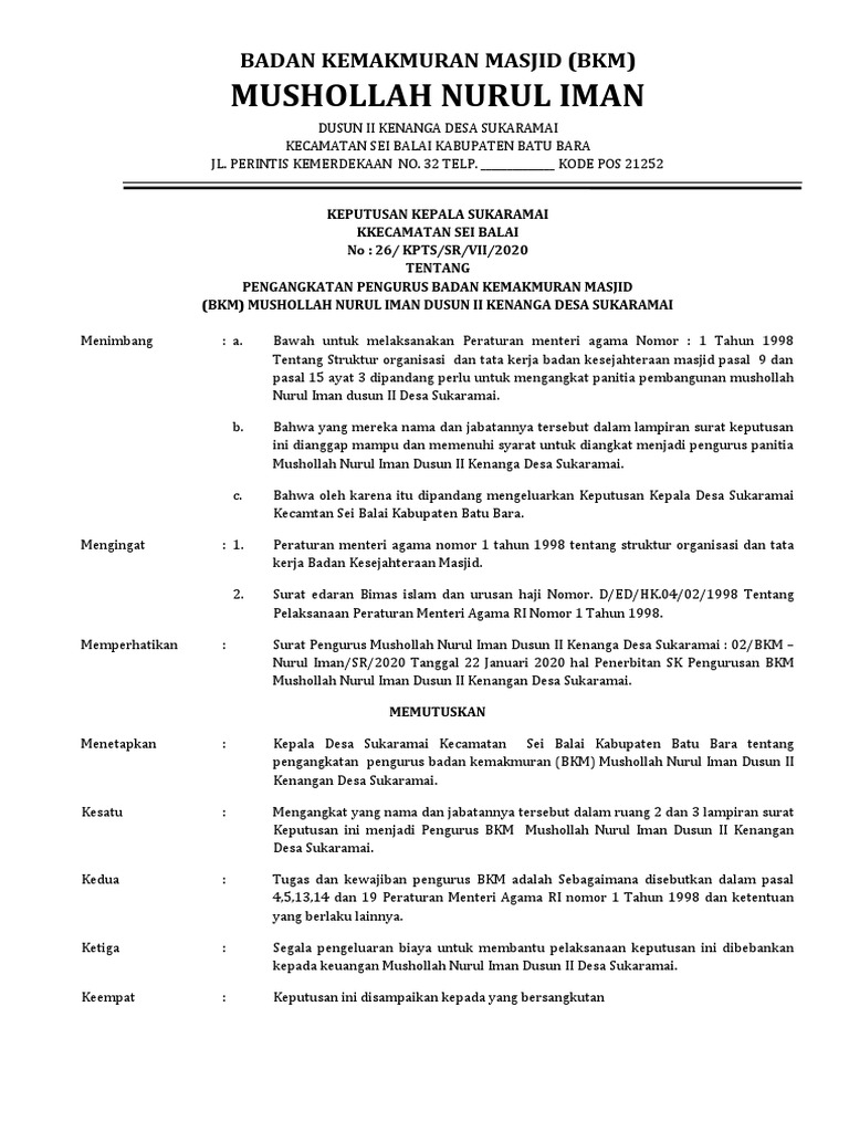 Pengangkatan Pengurus BKM Nurul Iman | PDF