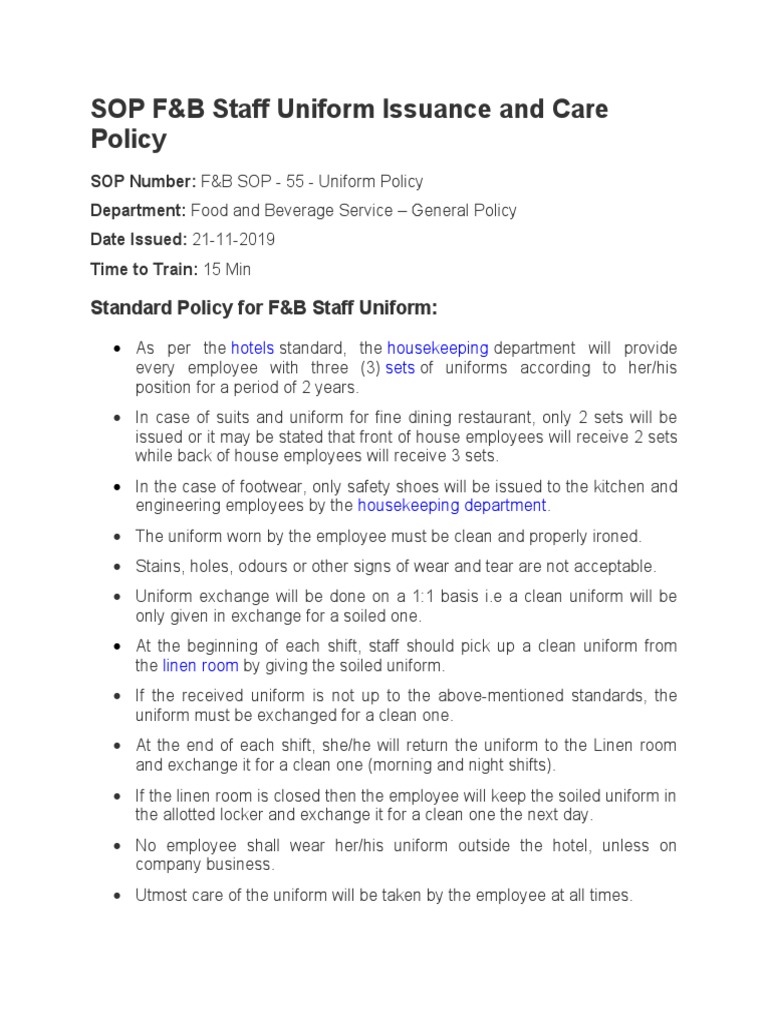 SOP F&B Staff Uniform Issuance and Care Policy | PDF