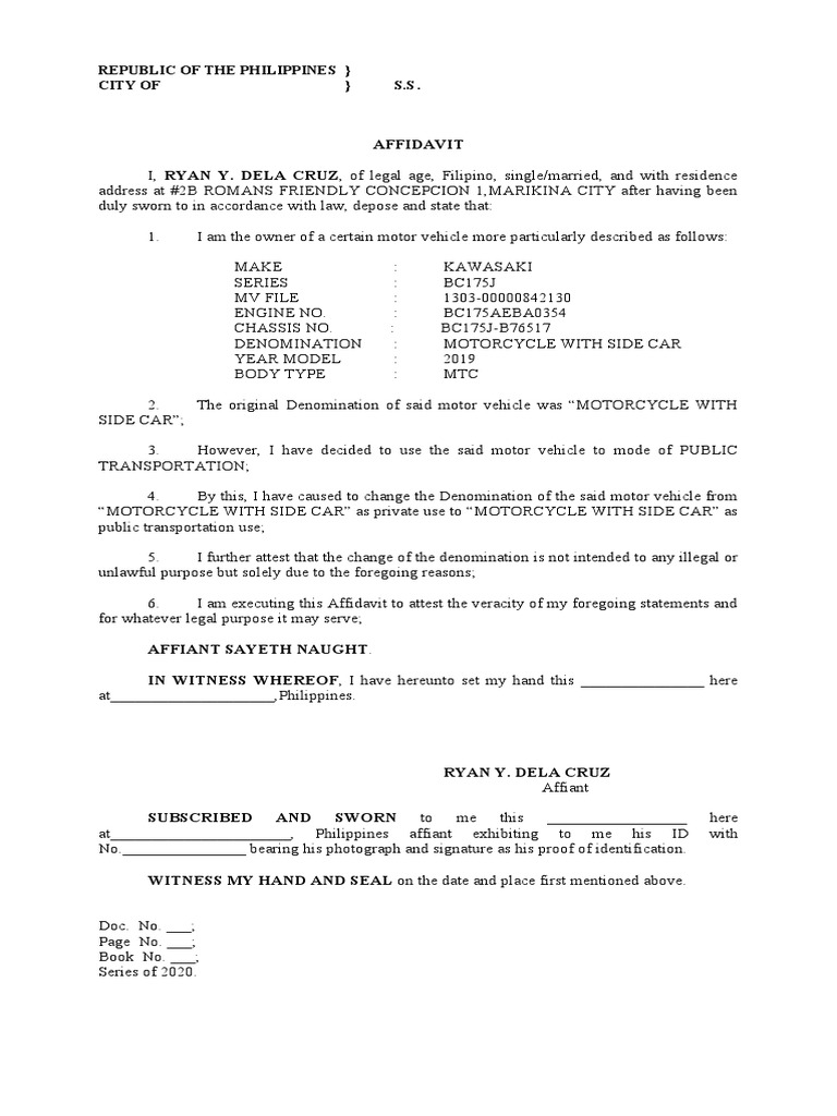 Affidavit of Vehicle Conversion Ryan Dela Cruz | PDF