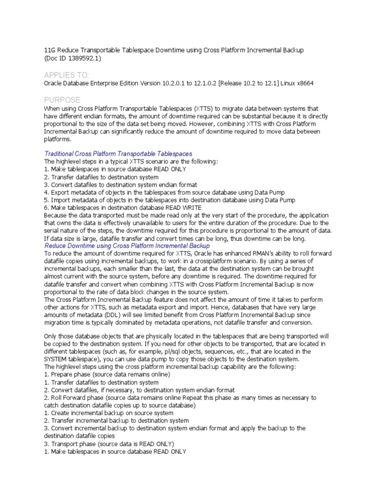 Reduce XTTS Downtime with Incremental Backup | PDF | Backup | Databases