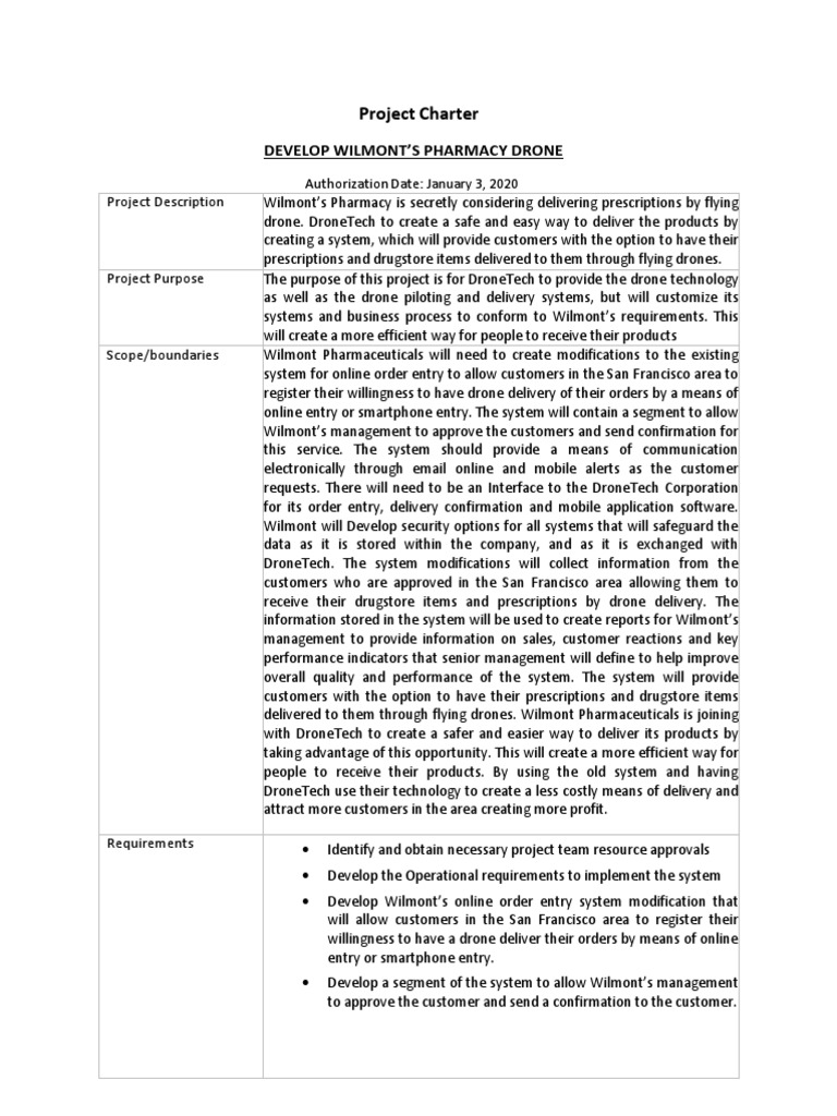 Project Charter: Develop Wilmont'S Pharmacy Drone | PDF | Unmanned ...