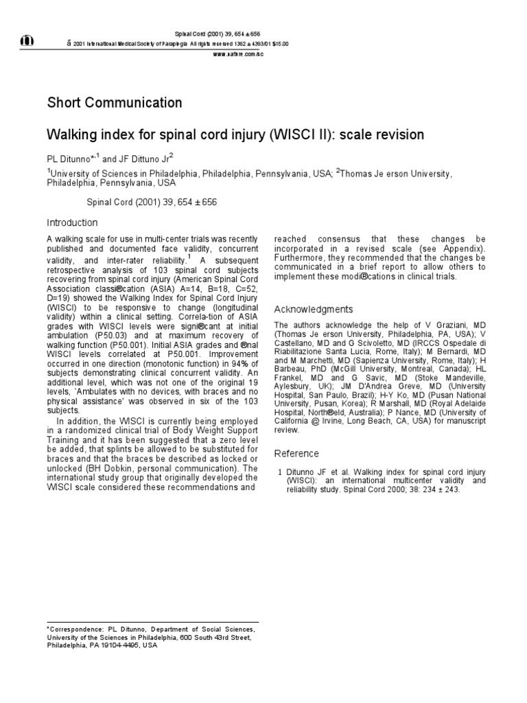 Short Communication Walking Index For Spinal Cord Injury (WISCI II ...