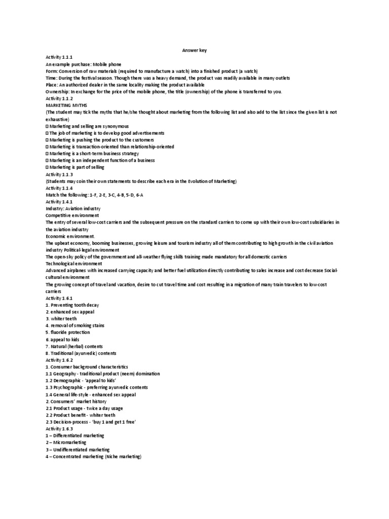 Answer Key For Marketing | PDF | Influence (Social And Political ...