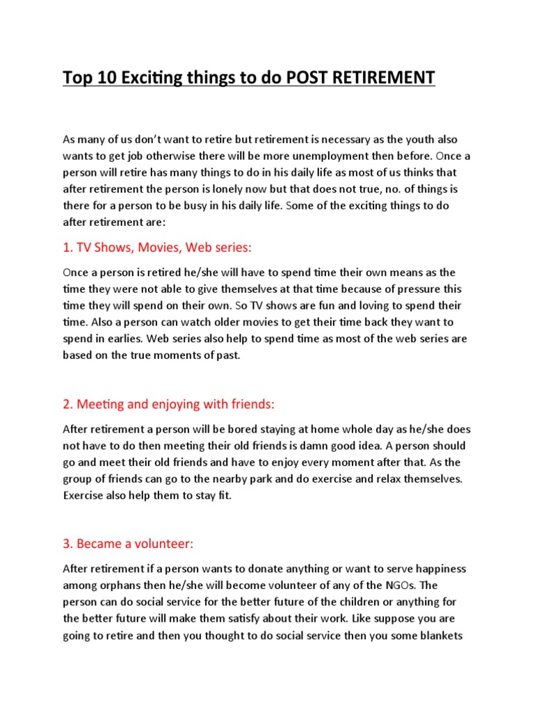 Top 10 Exciting Things To Do POST RETIREMENT | PDF | Old Age