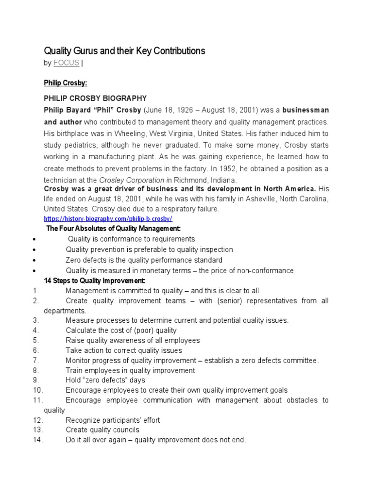 Quality Gurus And Their Key Contributions PDF Business