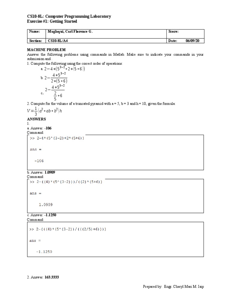 V A Ab+b H: CS10-8L: Computer Programming Laboratory Exercise #1 ...