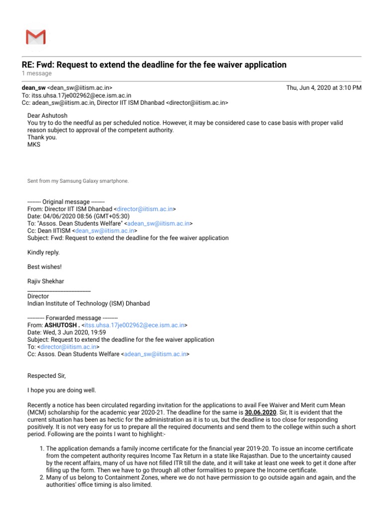 Fee Waiver Application Deadline Extension Request | PDF | Business
