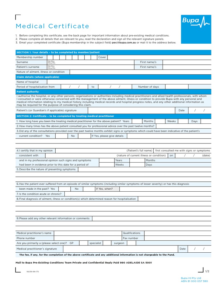 Bupa Medical Certificate Instructions | PDF | Health Policy | Hospital