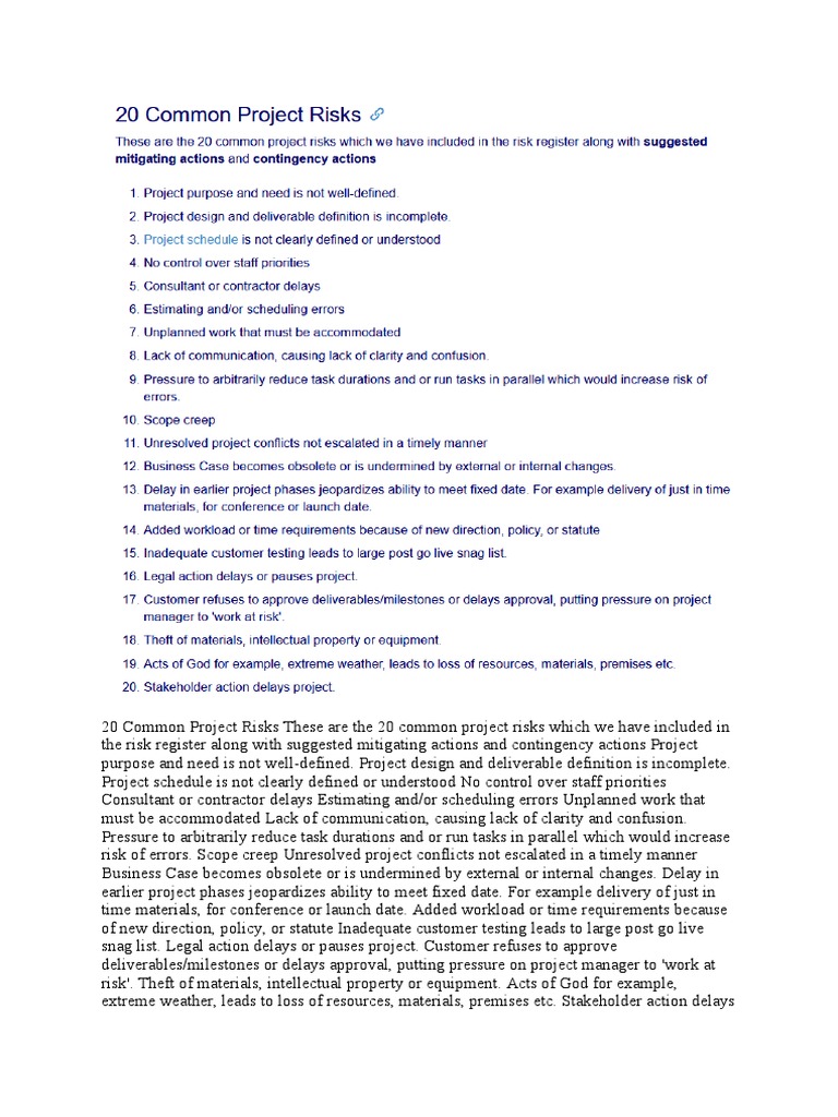 20 Common Project Risks These are the 20 common project risks which we ...