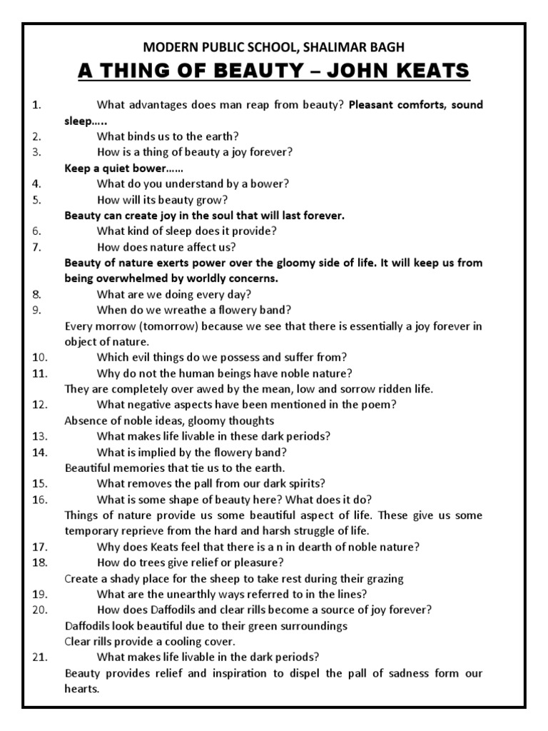 A Thing of Beauty - John Keats: Modern Public School, Shalimar Bagh ...