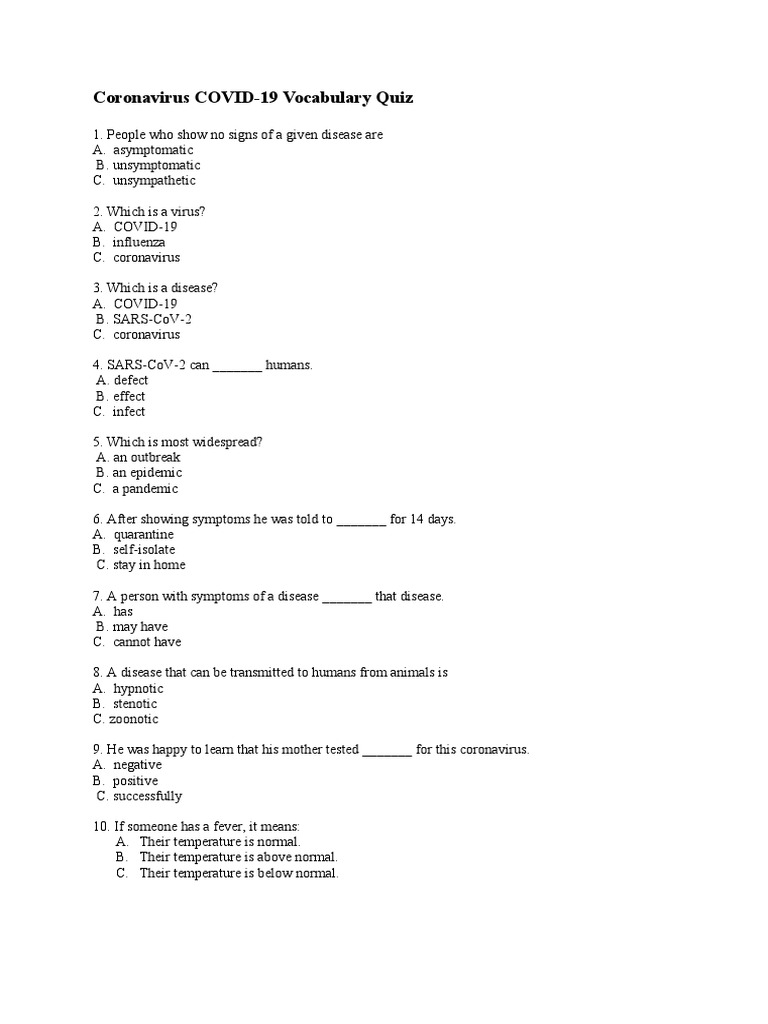 Understanding COVID-19: Key Terms from a Coronavirus Vocabulary Quiz | PDF