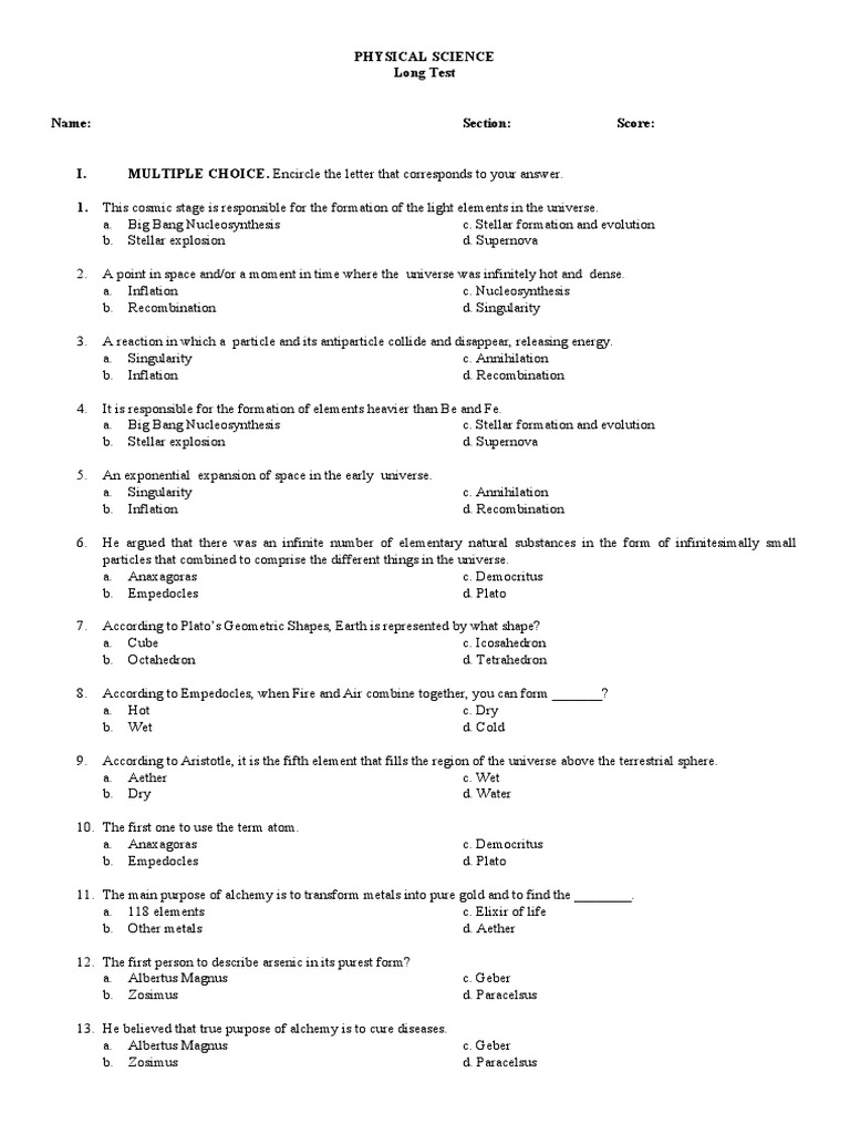 PHYSICAL SCIENCE Long Test 19-20 | Download Free PDF | Atoms | Atomic ...