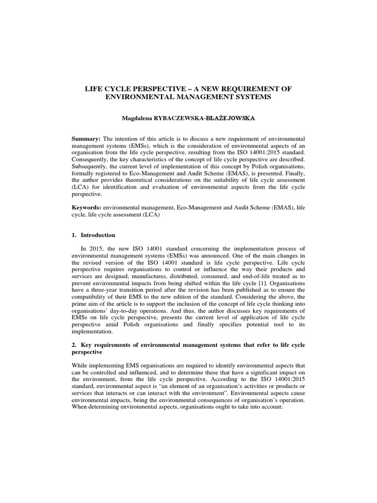 Life Cycle Perspective in EMS: ISO 14001 | PDF | Life Cycle Assessment ...