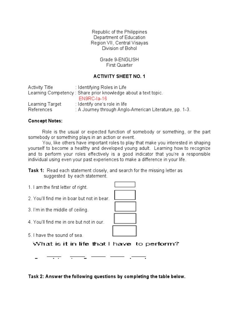 Activity Sheet No. 1: EN9RC-Ia-16 | PDF