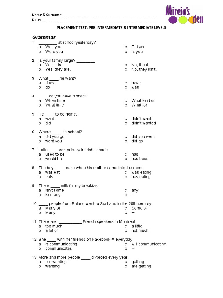 English Placement Test - PRE-INTERMEDIATE & INTERMEDIATE | PDF