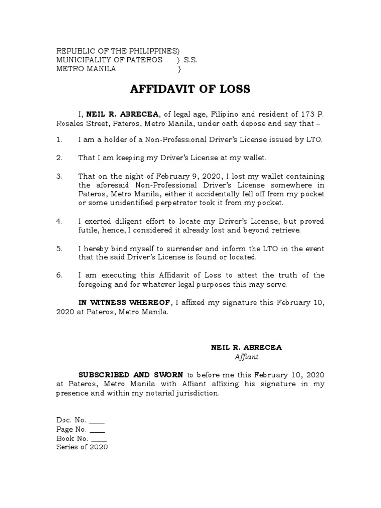 Affidavit of Loss Driver's License | PDF