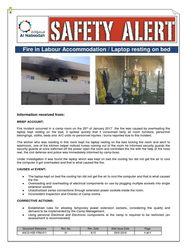 Fire in Labour Accomodation-Safety Alert | PDF | Fire Safety | Laptop