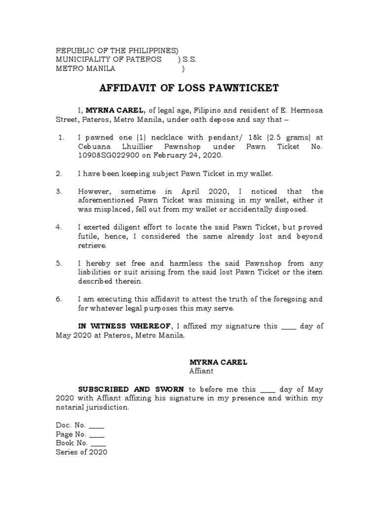 Affidavit of Loss - Pawn Ticket | PDF