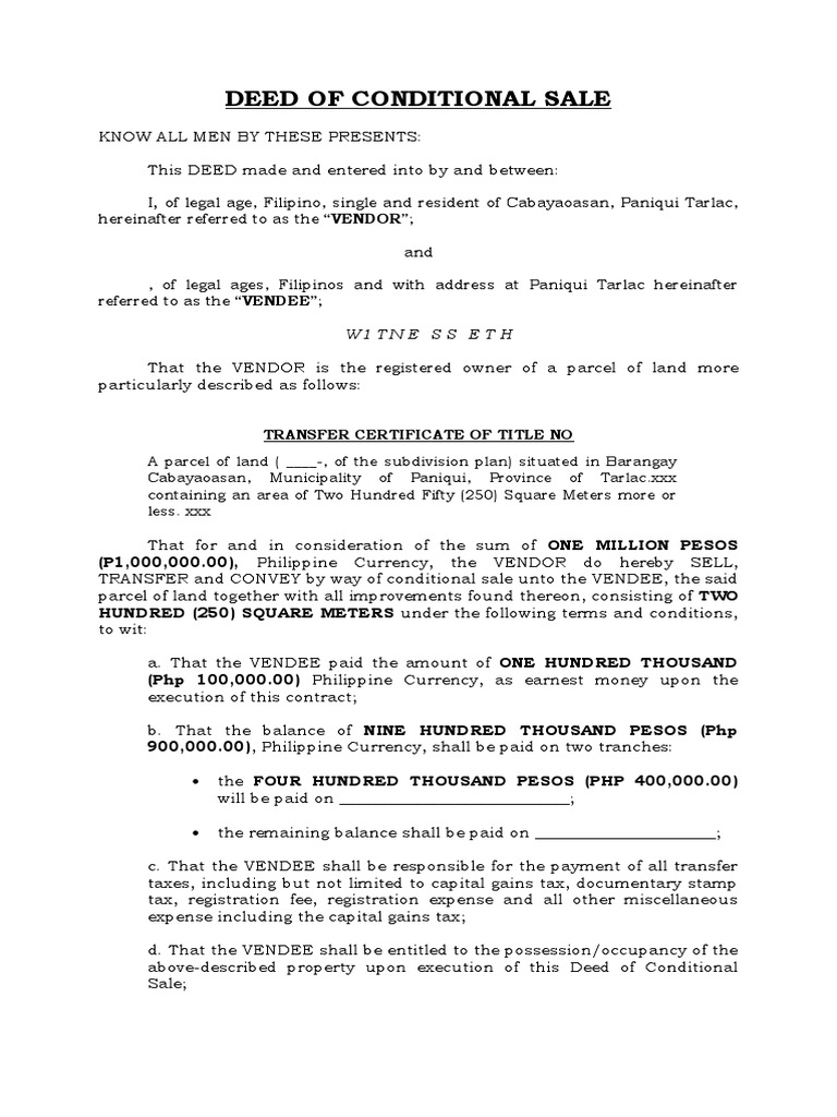 Deed of Conditional Sale. Sample | PDF | Deed | Property Law