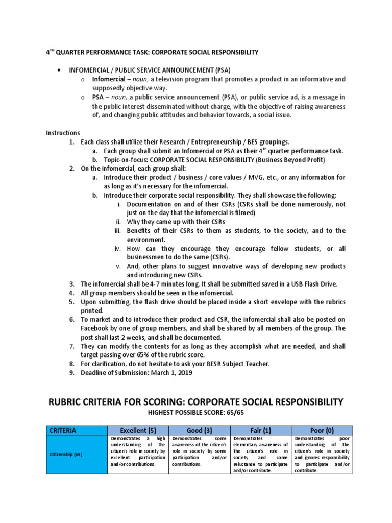 CSR Infomercial Performance Task | PDF | Corporate Social ...
