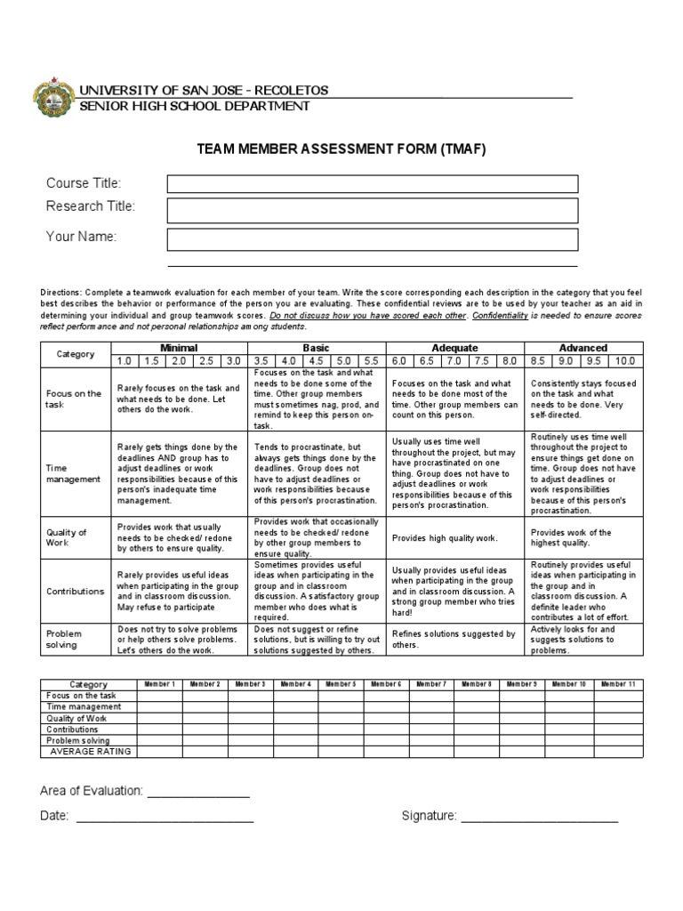 Team Member Assessment Form (Tmaf) : Course Title: Research Title: Your ...