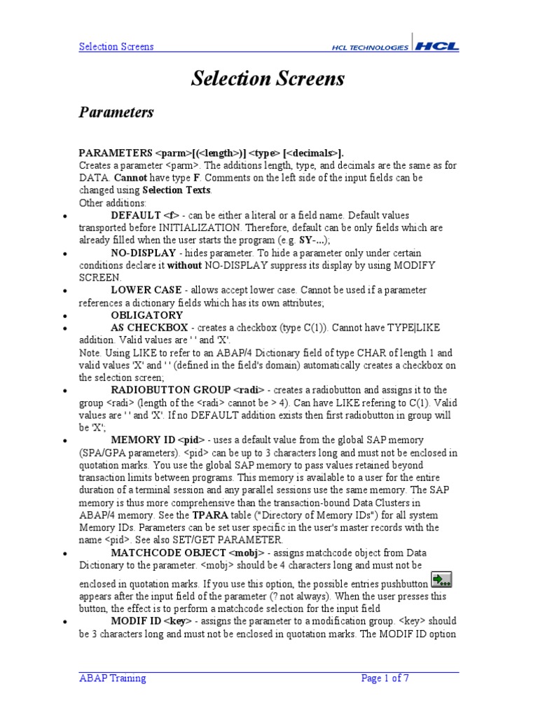 Selection Screens: Parameters | PDF | Parameter (Computer Programming) | Computer Programming