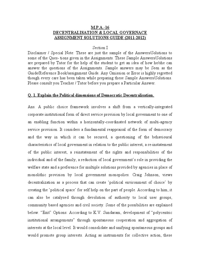 M.P.A.-16 Decentralisation & Local Governace Assignment Solutions Guide (2011-2012) | PDF ...