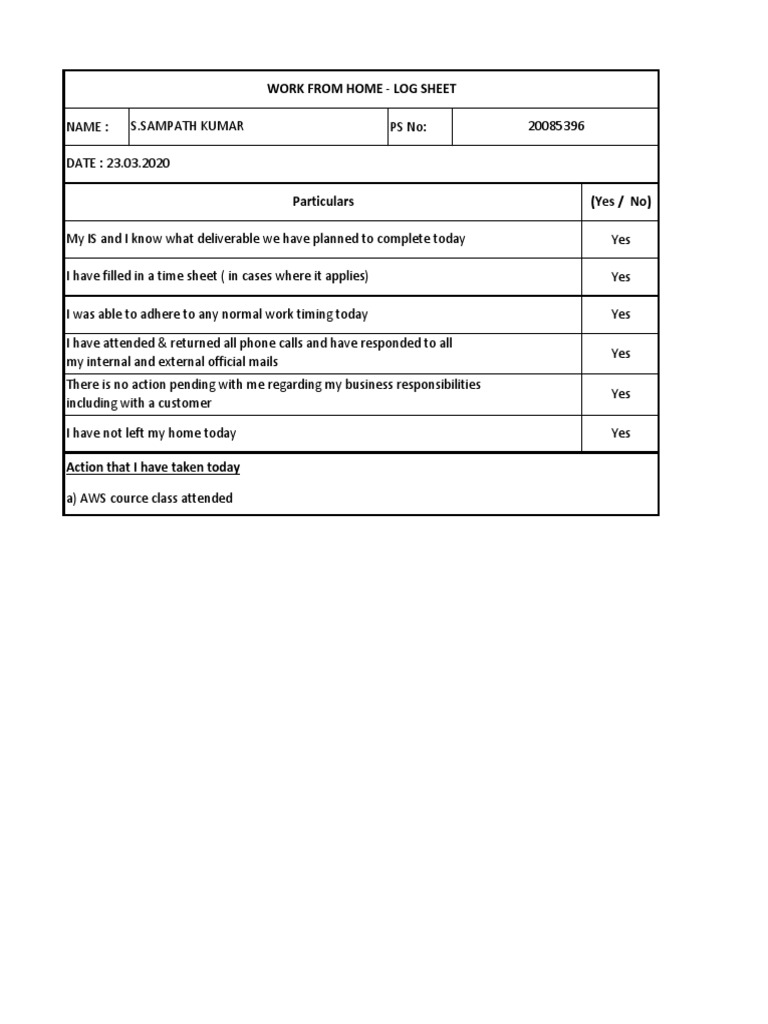 WFH Log Sheet 23.03 To 28.03 | PDF | Computing | Software