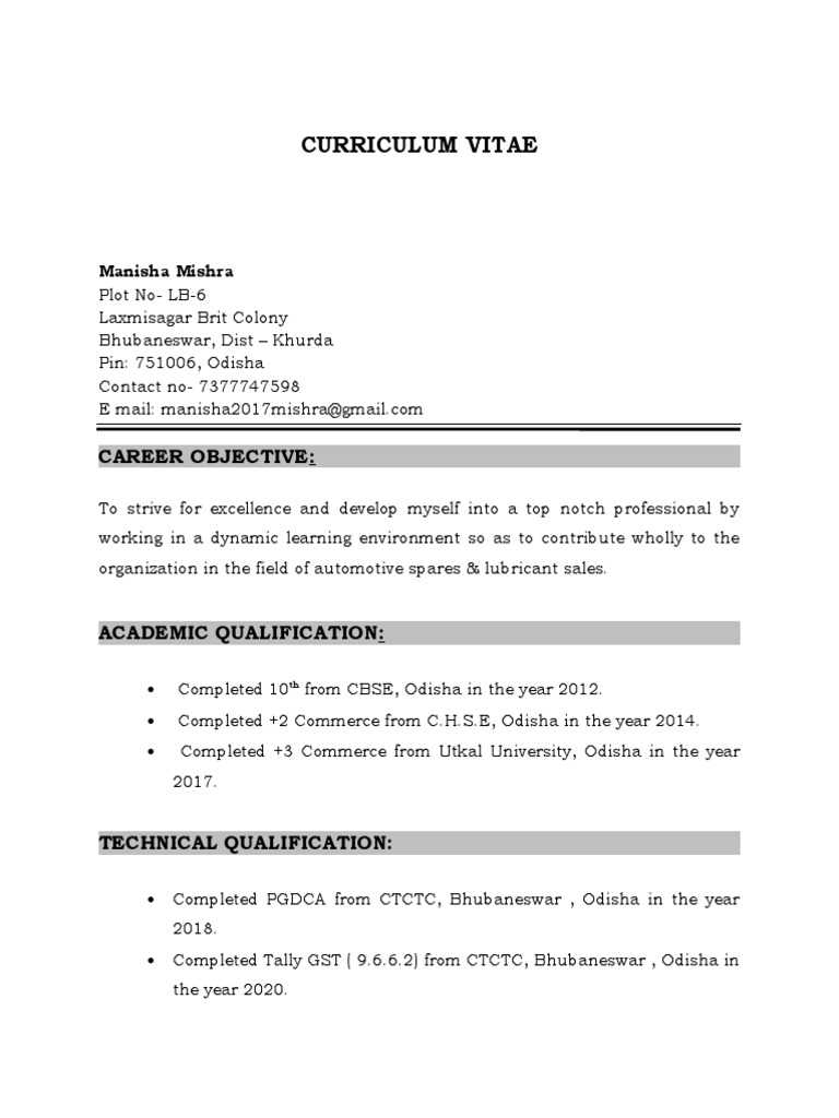 Manisha Mishra CV: Automotive Sales | PDF | Career & Growth