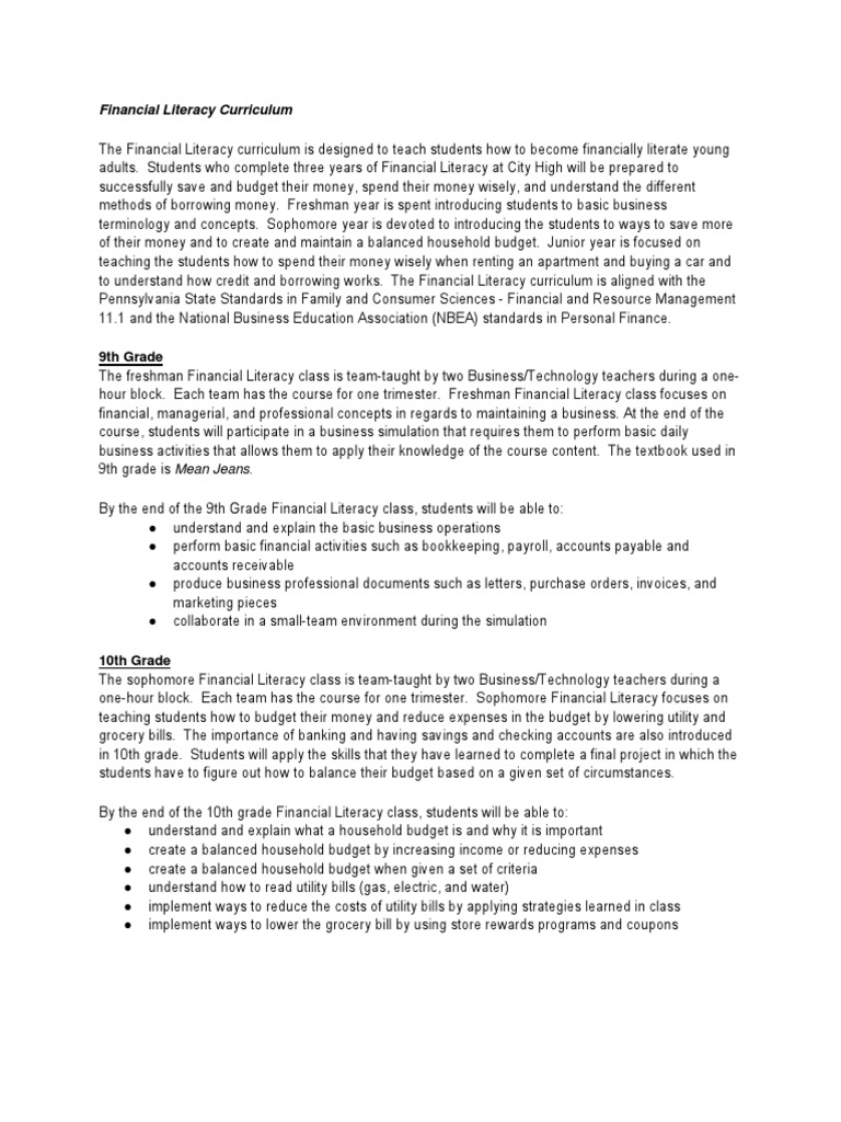 Financial Literacy Curriculum: 9th Grade | PDF | Financial Literacy ...