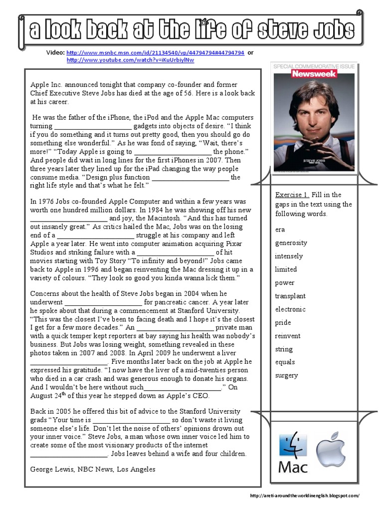 A Look Back at The Life of Steve Jobs Reading Comprehension Exercises ...