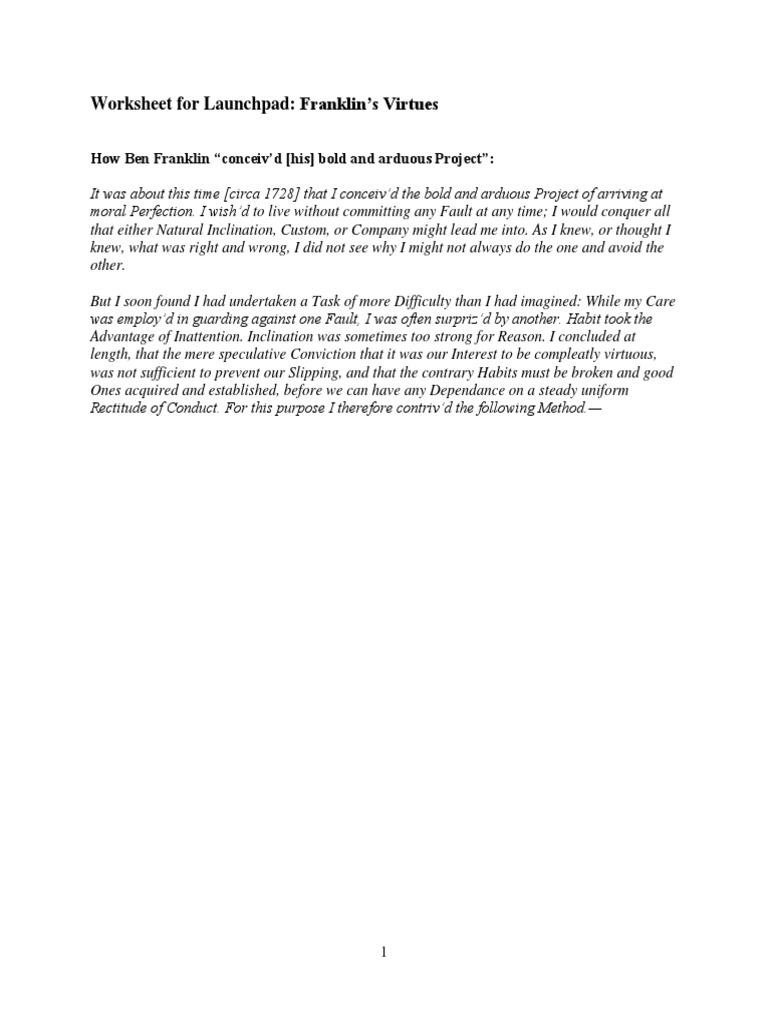 Worksheet For Launchpad: Franklin's Virtues: How Ben Franklin "Conceiv ...