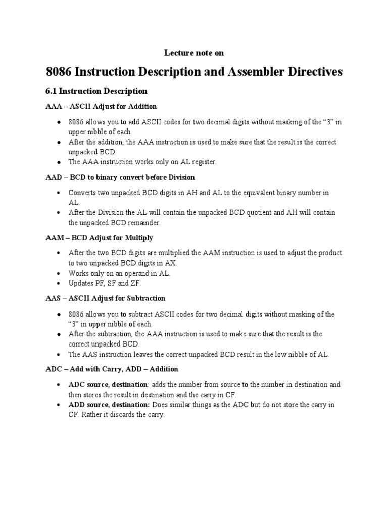 8086 Instruction Description And Assembler Directives Lecture Note On Download Free Pdf 