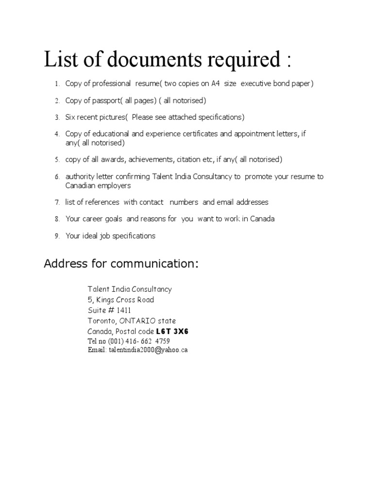 List of Documents Required For Workpermit 1 | PDF