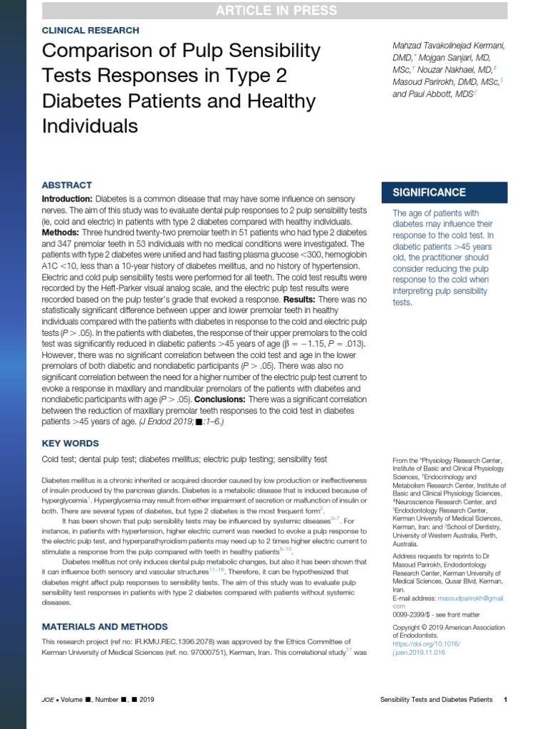 Comparison of Pulp Sensibility Tests Responses in Type 2 Diabetes ...