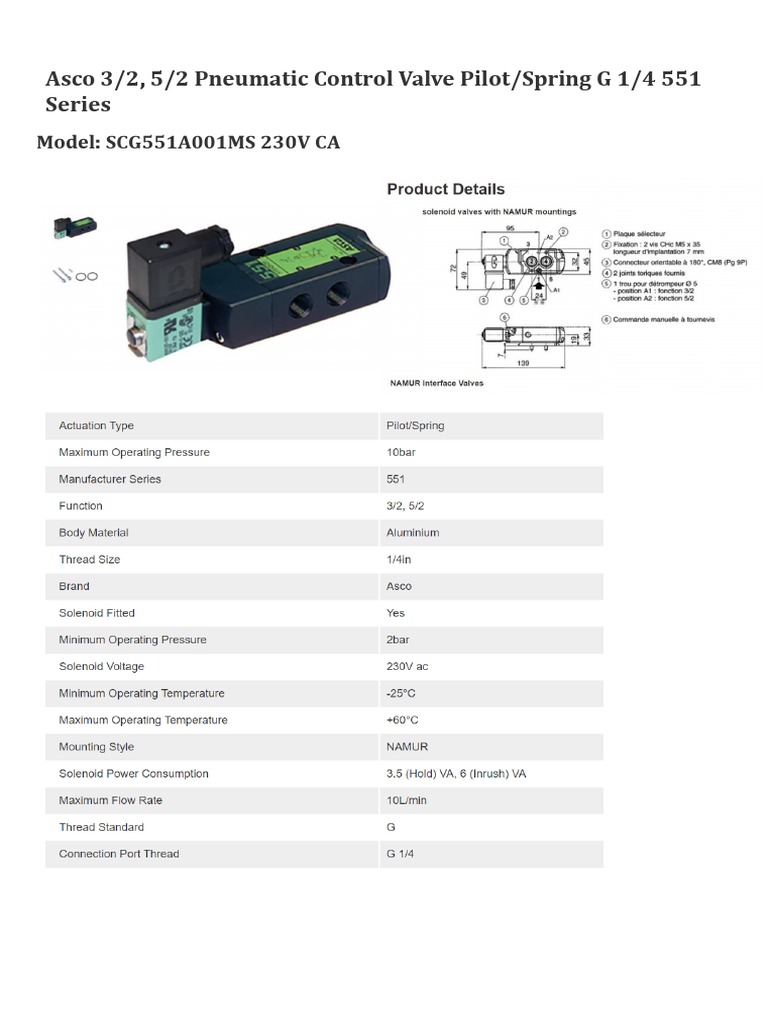 Asco 3/2, 5/2 Pneumatic Control Valve Pilot/Spring G 1/4 551 Series | PDF