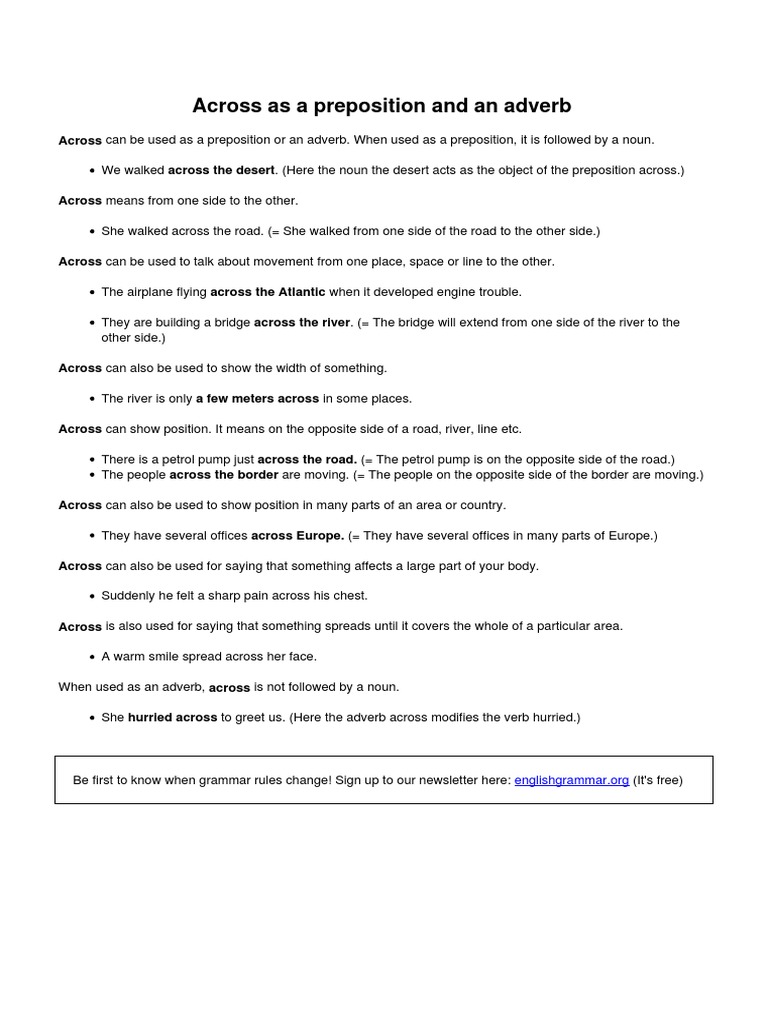 Across As A Preposition and An Adverb PDF | PDF | Adverb | Preposition And Postposition