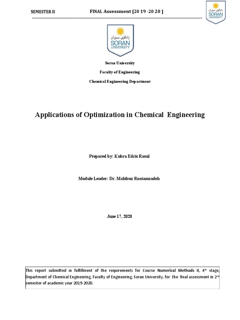 Applications of Optimization in Chemical Engineering: S F Assessment ...