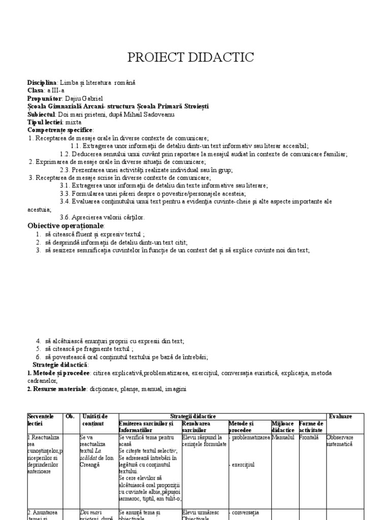 Proiect Limba Romana Clasa III Doi Mari Prieteni | PDF