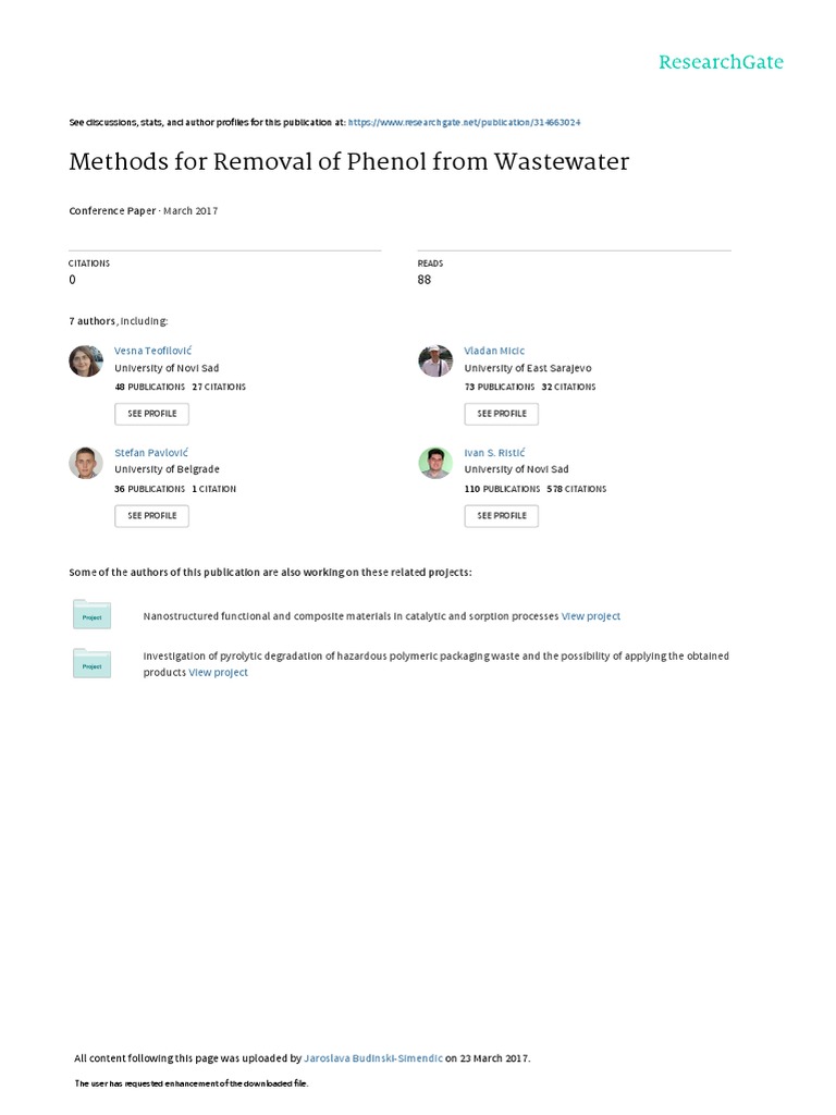 Methods For Removal of Phenol From Wastewater: March 2017 | PDF ...