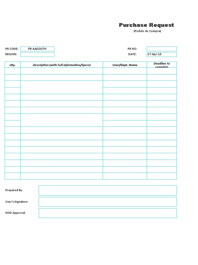 Purchase Request: Qty. Description (With Full Information/Specs ...