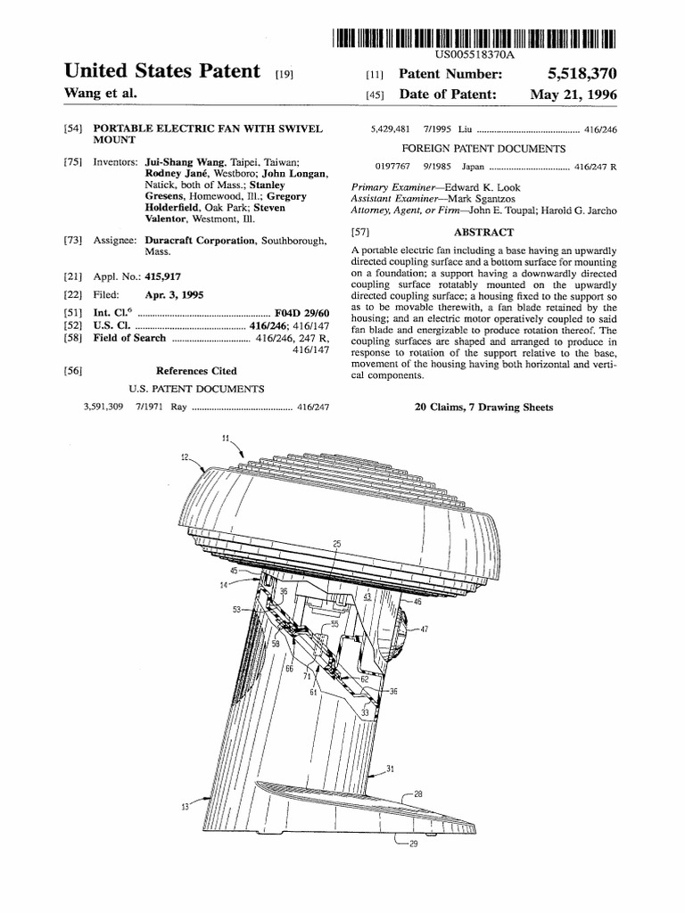 United States Patent (19) : 11 Patent Number: 5,518,370 Wang Et Al. 45 ...