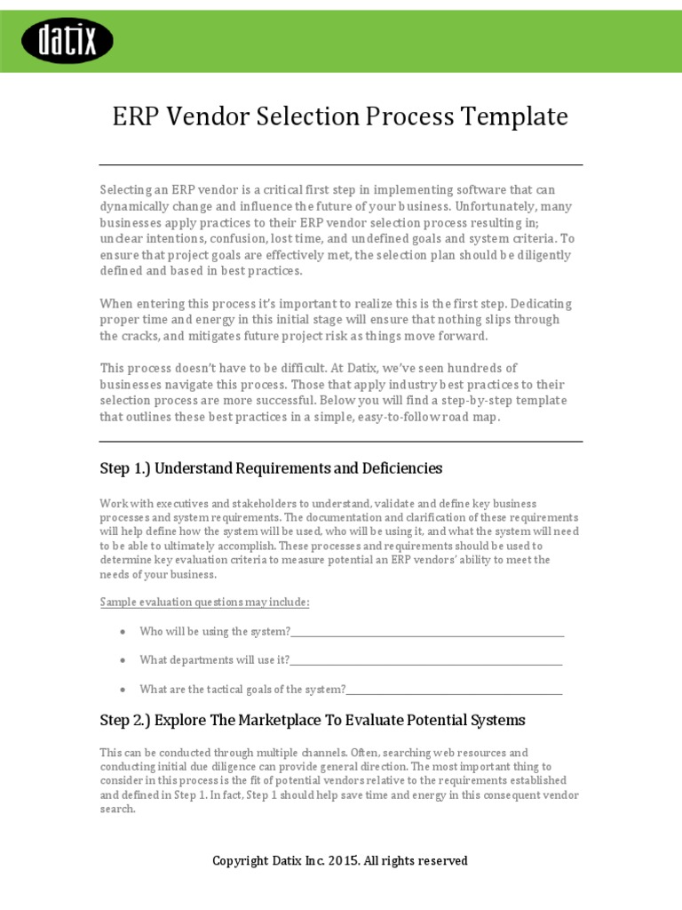 ERP Vendor Selection Process Template: Step 1.) Understand Requirements ...