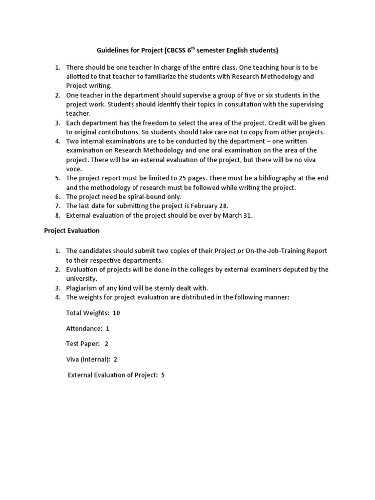 Guidelines For Project (CBCSS 6 Semester English Students) | PDF