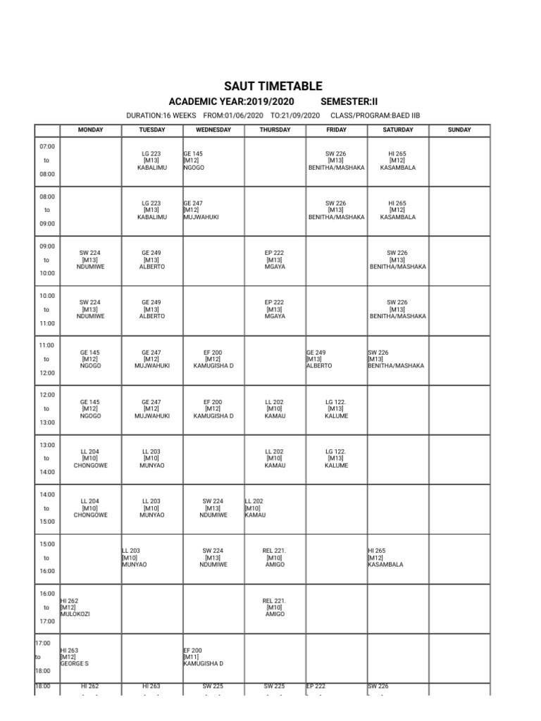 SAUT Timetable 2020 Semester II | PDF