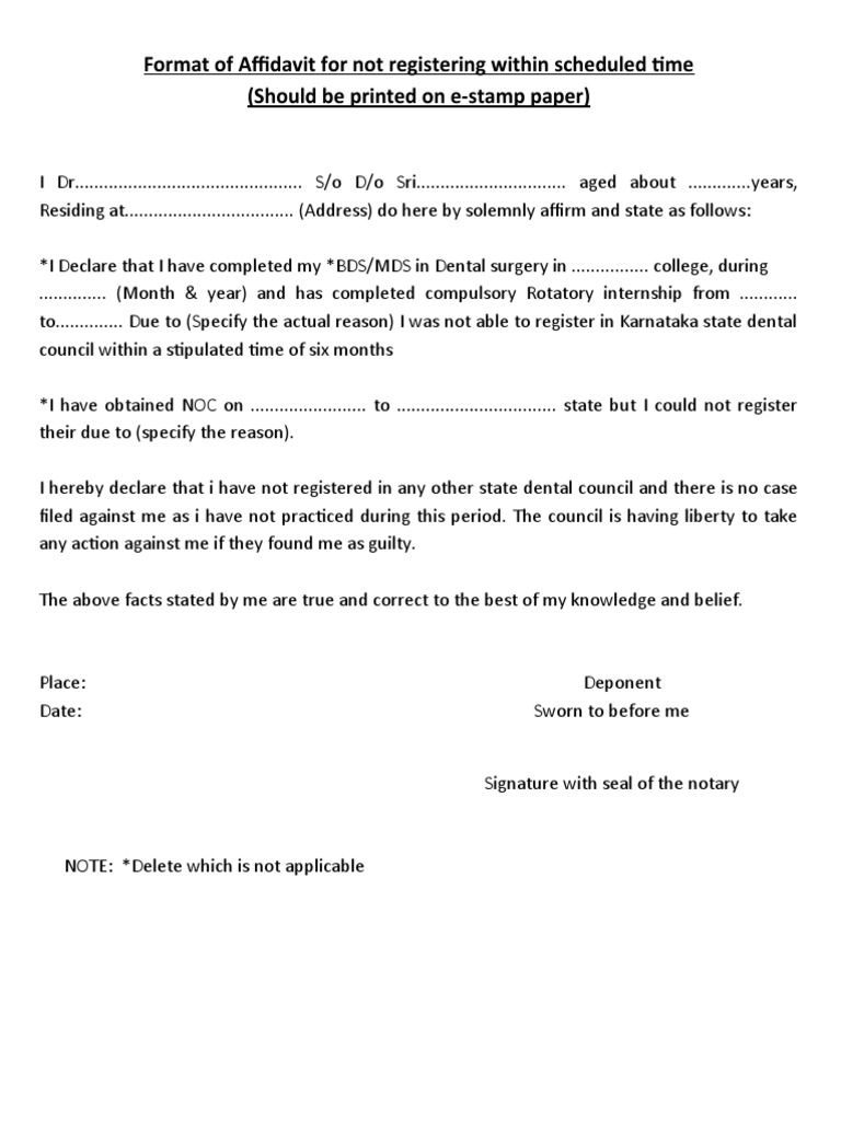 Format of Affidavit For Not Registering Within Scheduled Time (Should ...