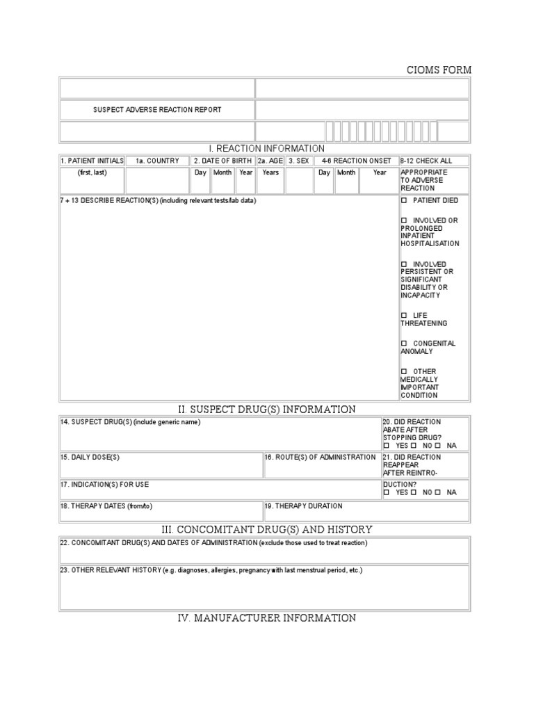 Cioms Form: I. Reaction Information | PDF | Pharmacology | Diseases And ...